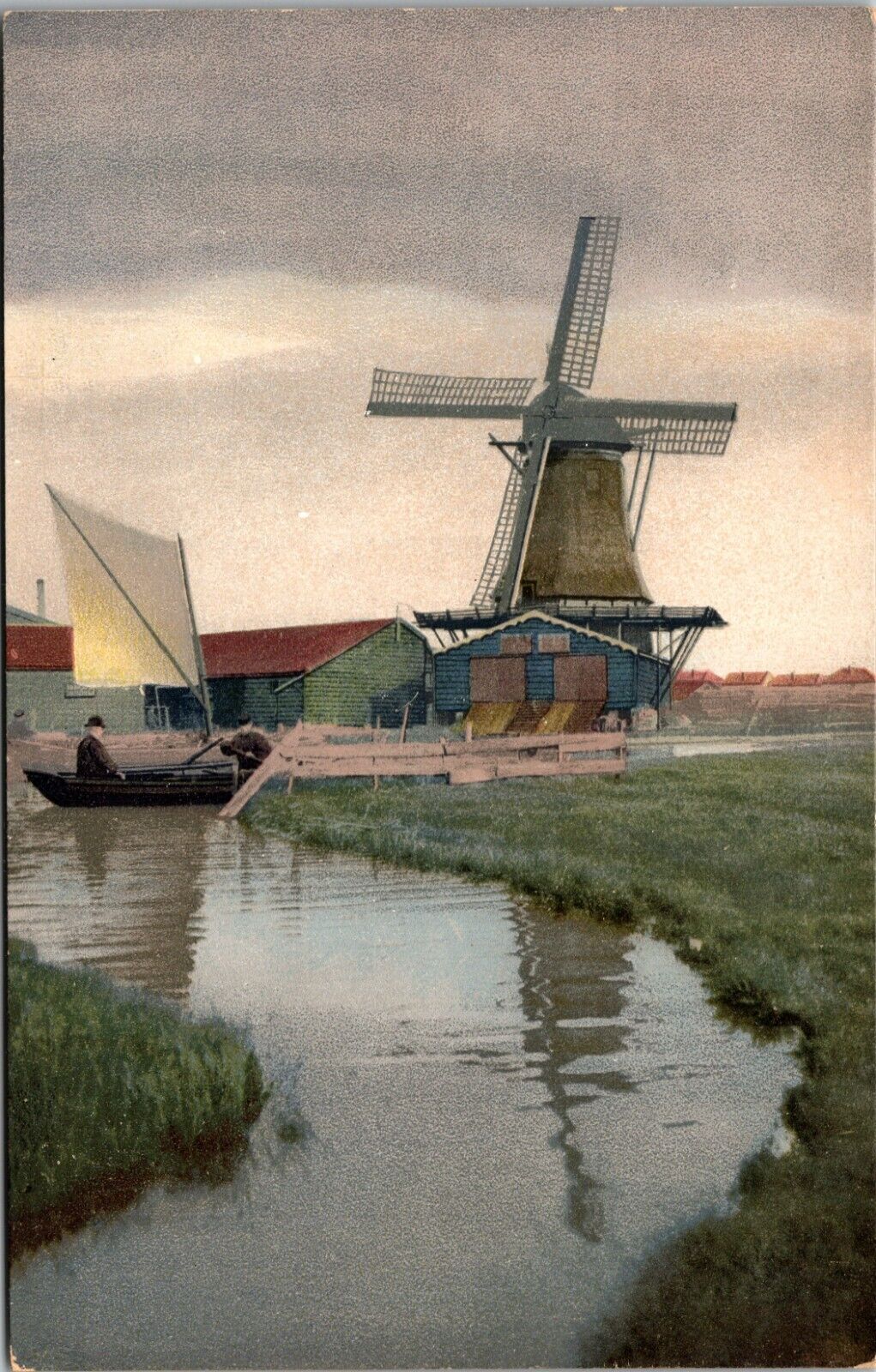 Dutch Windmill Man & Boat Waterway C1950s Vintage Netherlands Postcard ...