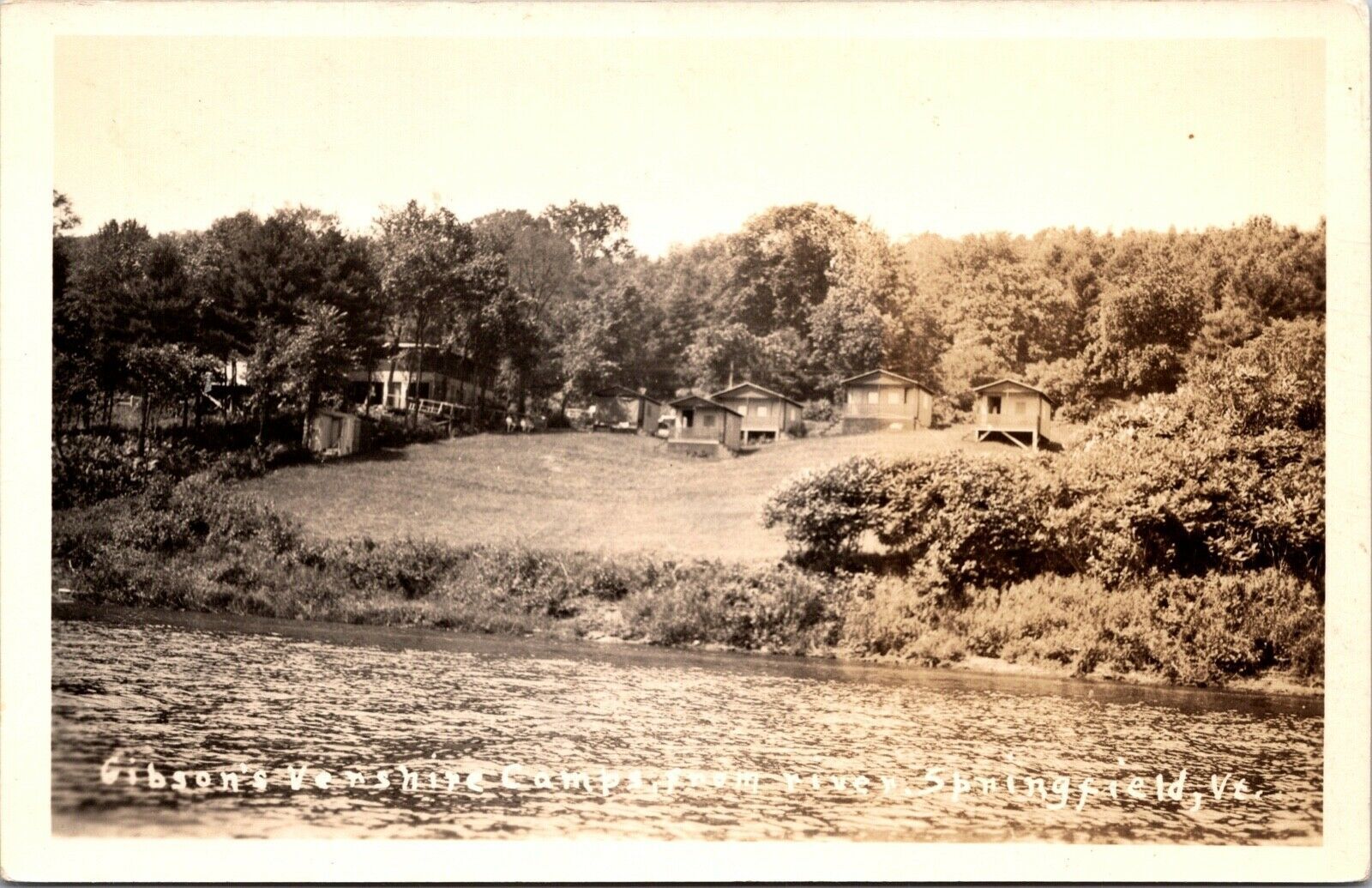 Real Photo Postcard Gibson's Vershire Camp from River in Springfield ...