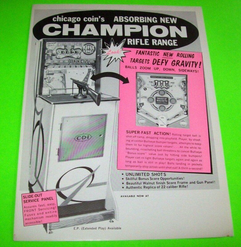 Champion Rifle Gun Range FLYER Original NOS Chicago Coin 1962 Pinball ...