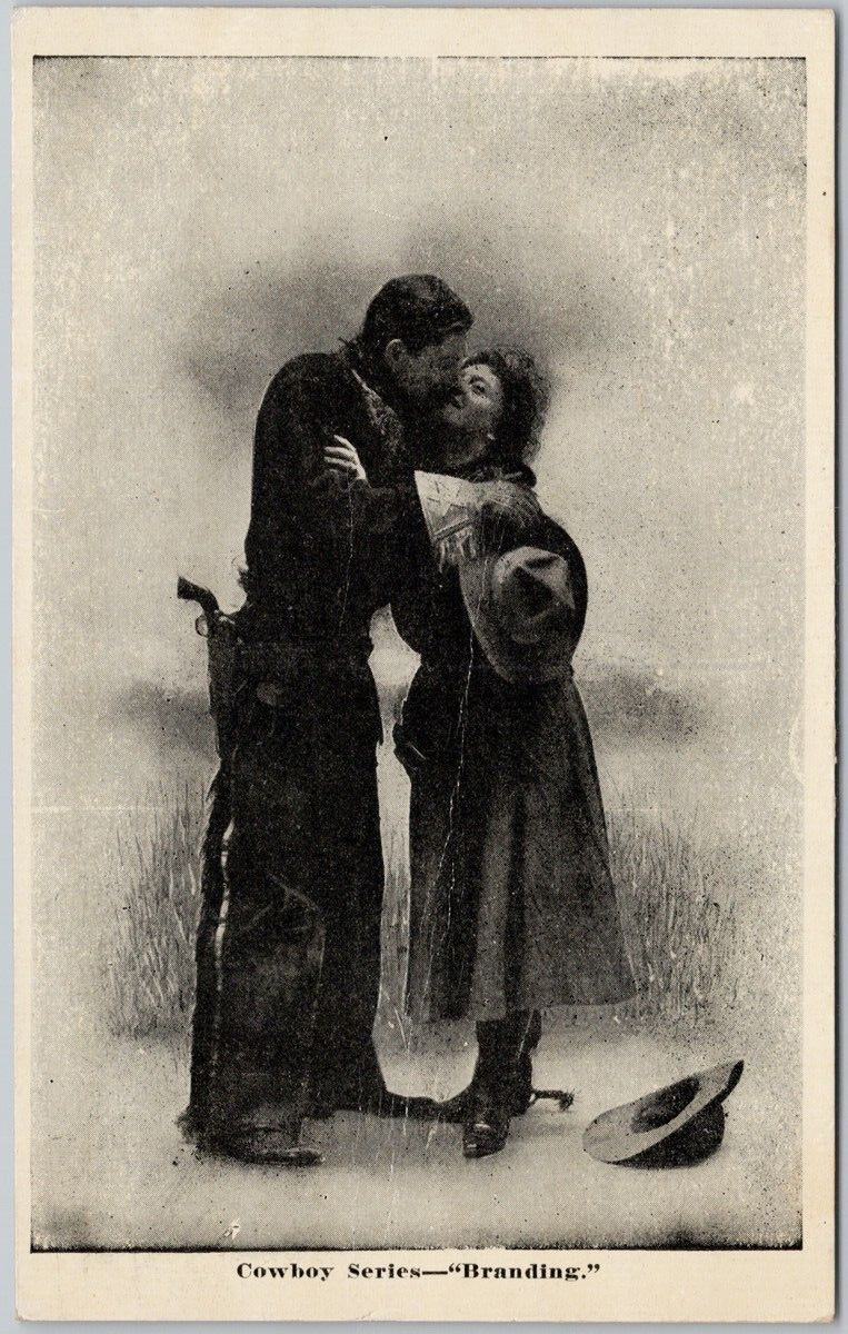 Cowboy Series Branding Cowboy Kissing Cowgirl Man Woman 1910 Postcard ...