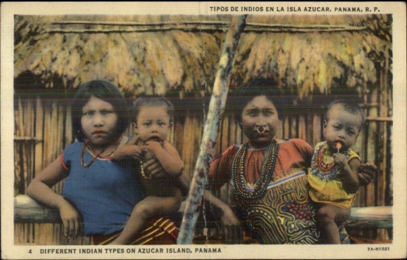 Panama Azucar Island Native Indian Family Linen Postcard | Latin ...