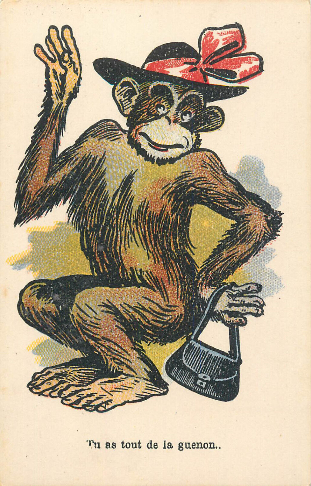 You look like a monkey with hat and purse comic caricature postcard ...