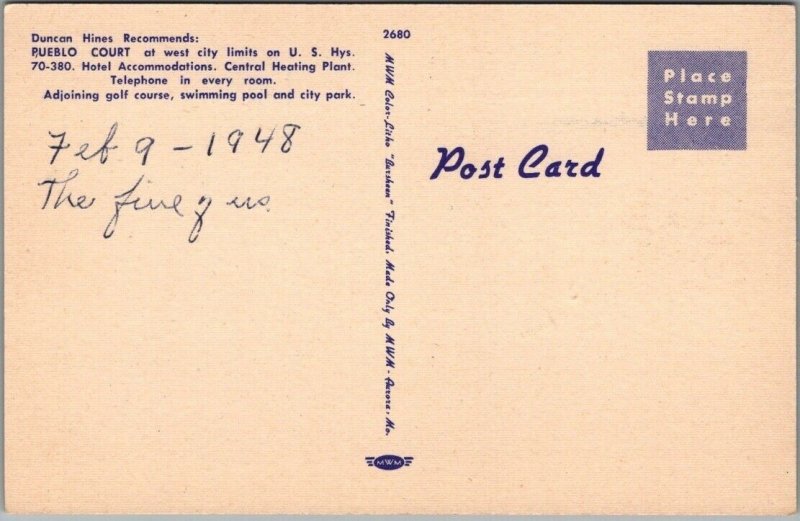 Vintage ROSWELL, New Mexico Postcard PUEBLO COURT Roadside Linen ...