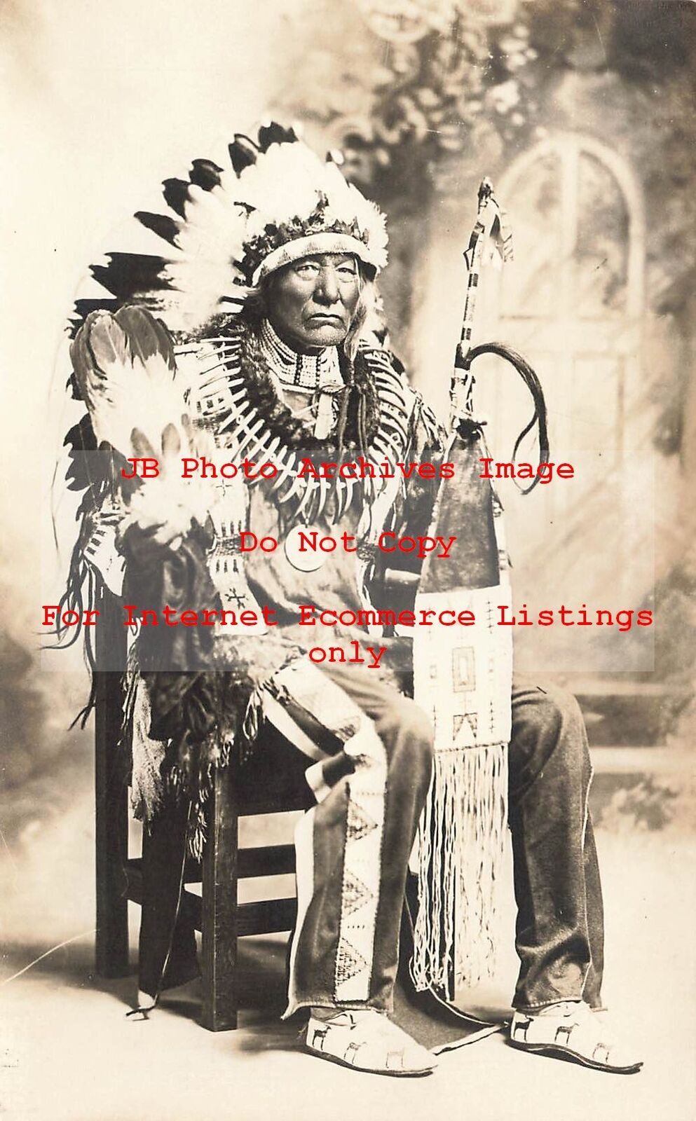 Native American Indian, RPPC, Studio Shot, Chief in Costume & Head ...
