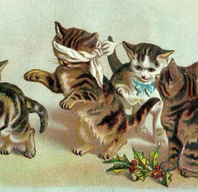 1880s Victorian Christmas Trade Card Adorable Kittens Cats Blind Man's ...