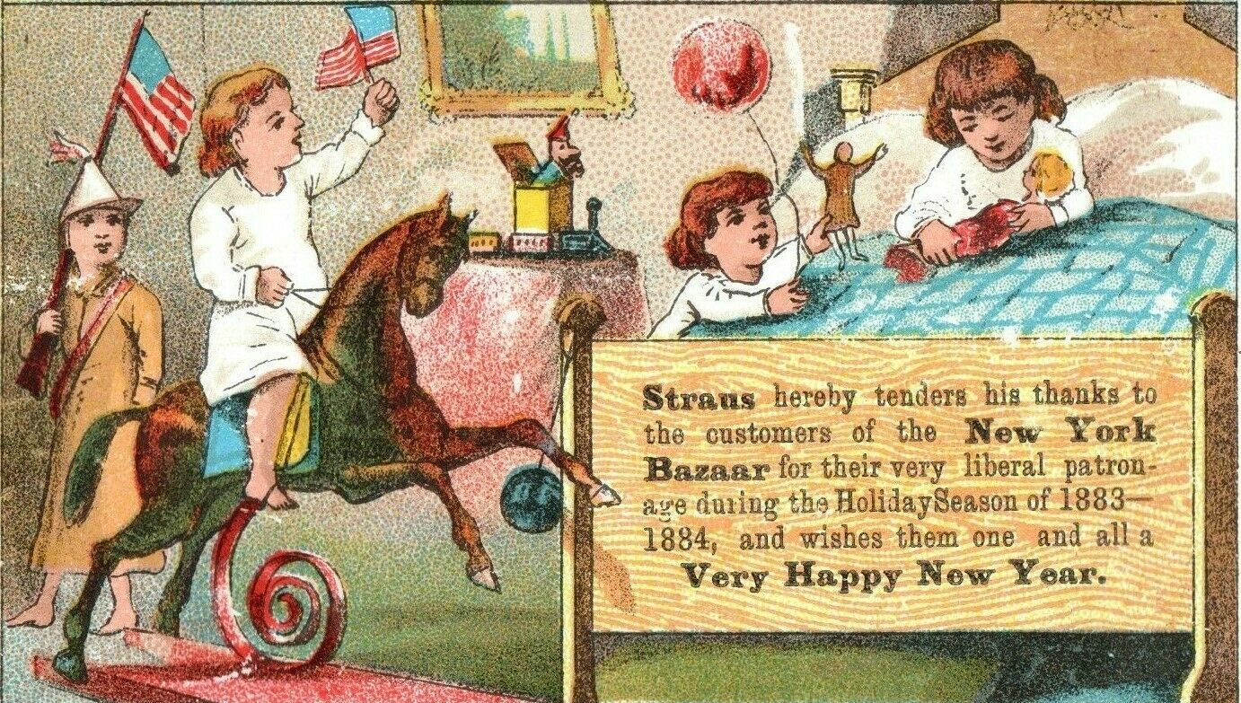 1880's Lovely Kids Playing Dolls Flags Horse Christmas Straus Bazaar ...