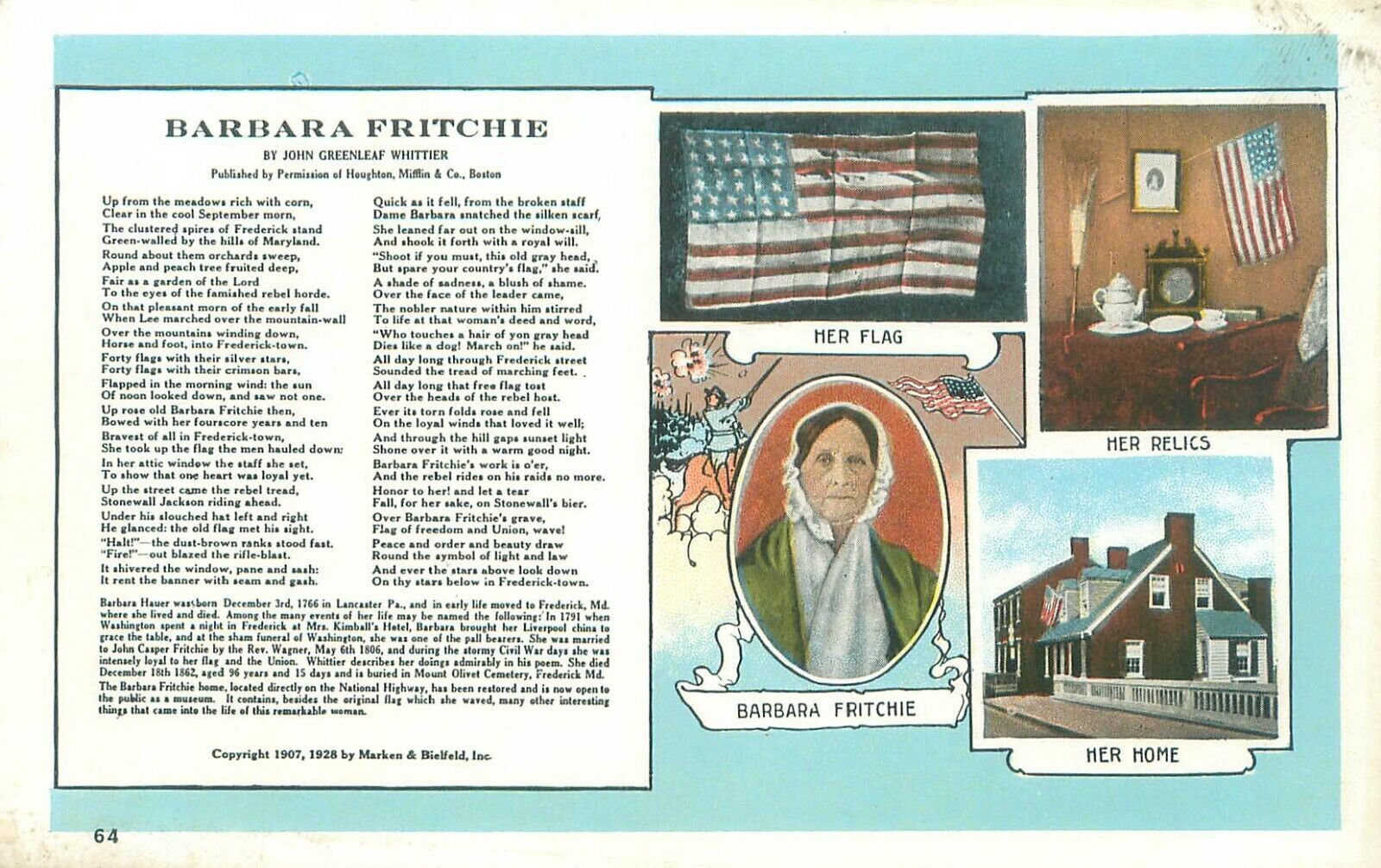 Barbara Fritchie Poem by Whittier, Fritchie Relics, White Border ...