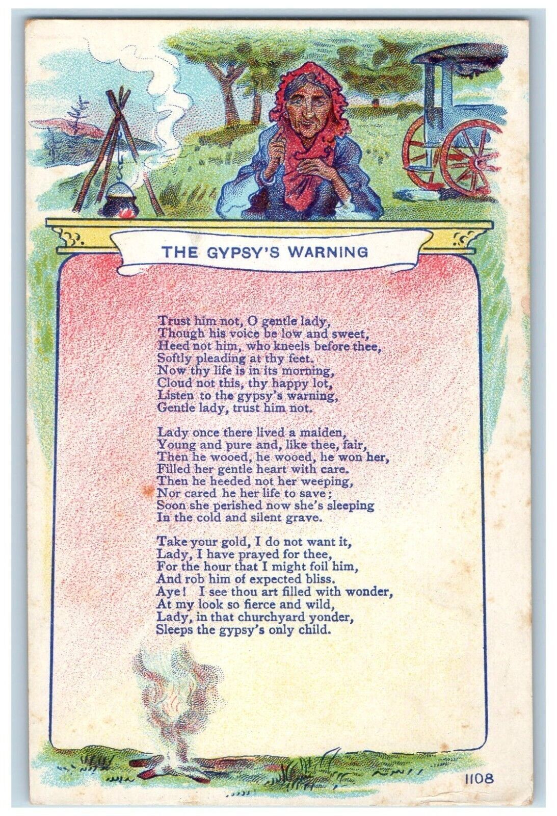 c1910's The Gypsy's Warning Poem Old Woman Cooking Unposted Antique ...