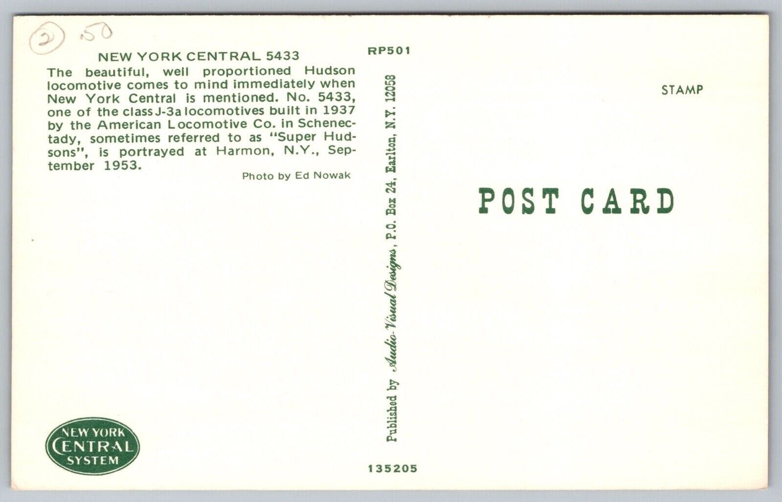 New York Central 5433 Husdon Locomotive Train Railroad Track Postcard ...