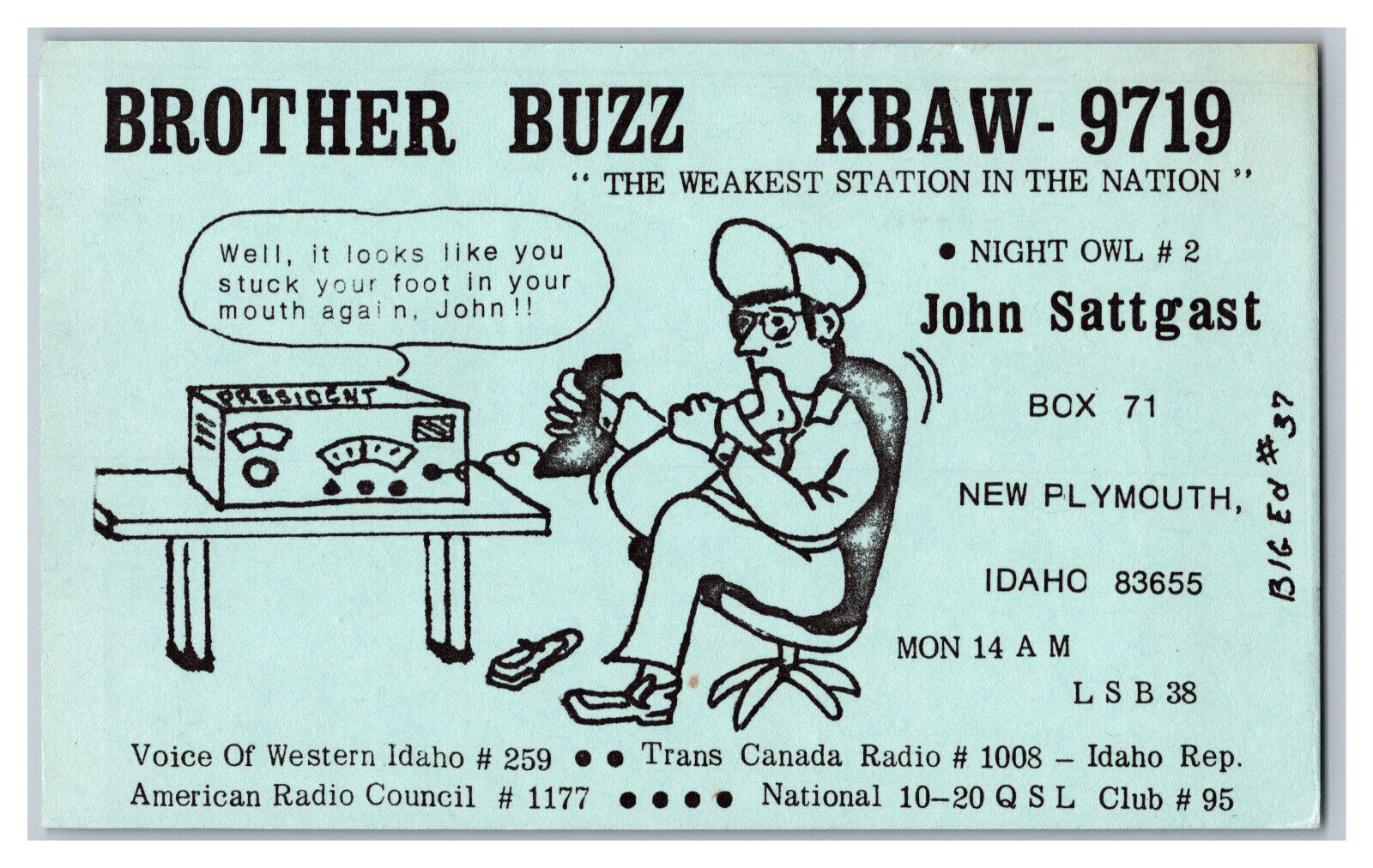 Postcard QSL CB Ham Radio Amateur Card From New Plymouth Idaho KBAW ...