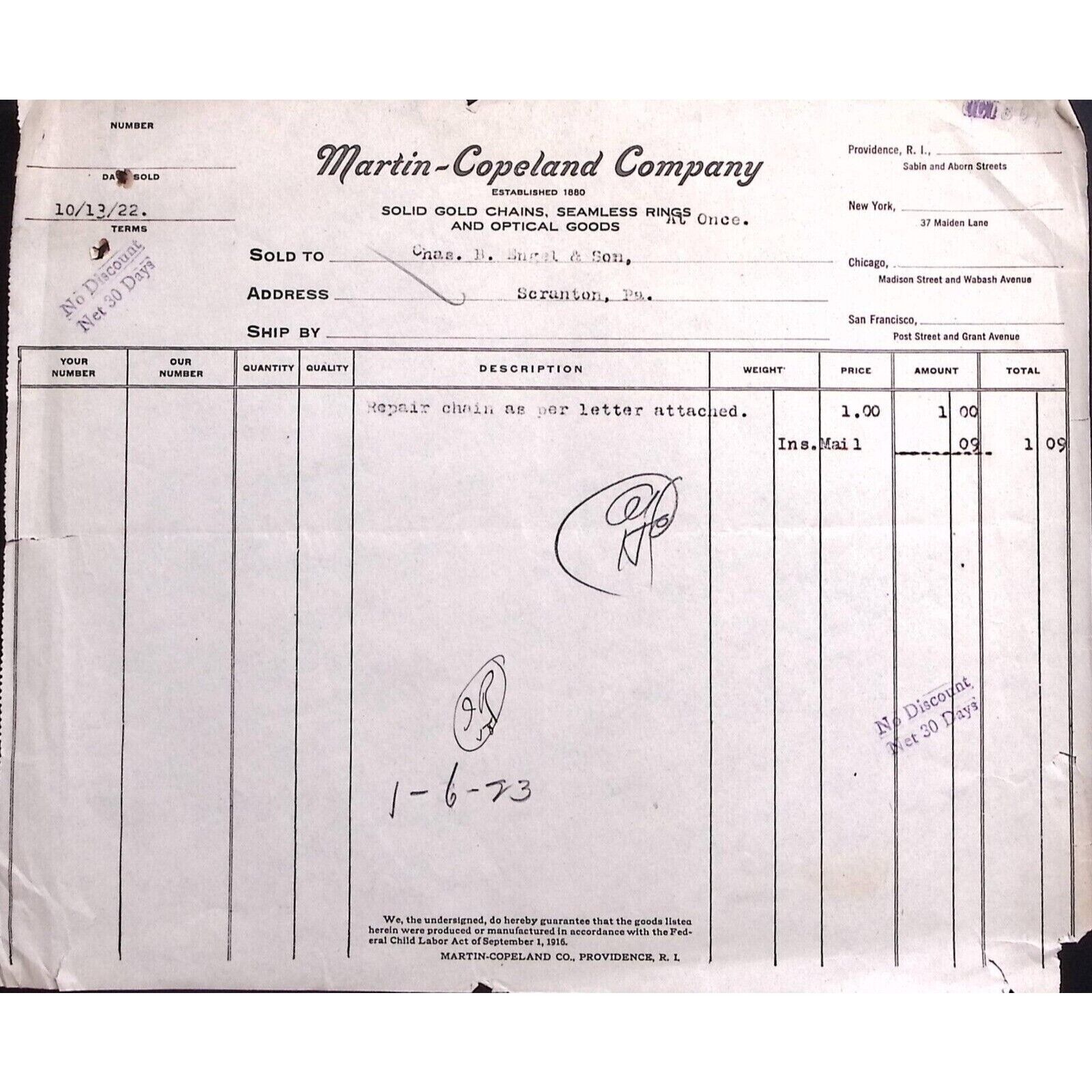 1922 Martin-Copeland Company Providence R.I. Gold Chains Billhead ...
