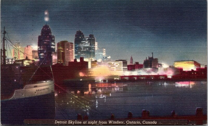 Windsor Ontario Canada Ca 1957 Wob Note Pm Detroit Skyline Night Scene ...