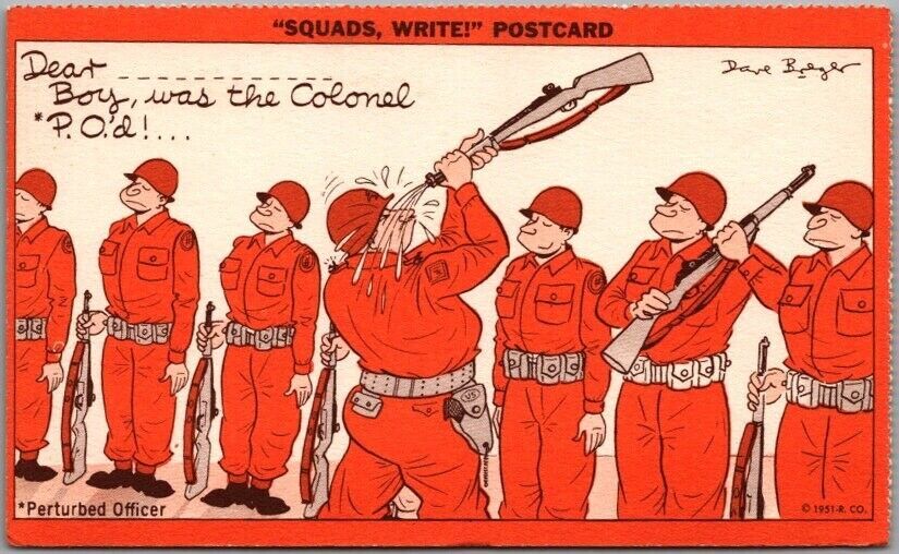 1950s Military Comic Postcard "Squads Write!" Colonel inspects rifle A ...