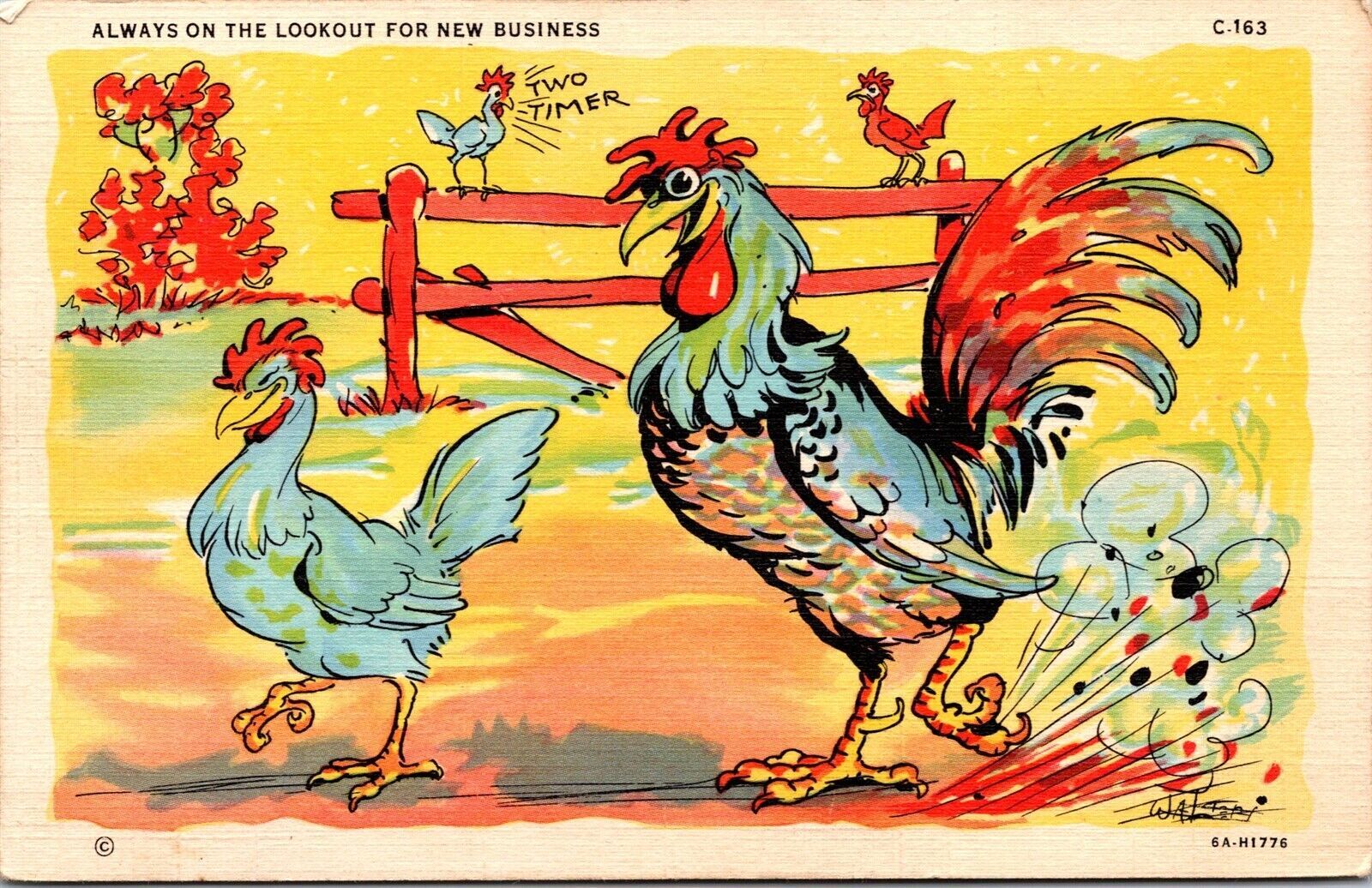 Vtg Comic Two Timing Rooster Chasing Hen 1930s Linen Humor Postcard ...