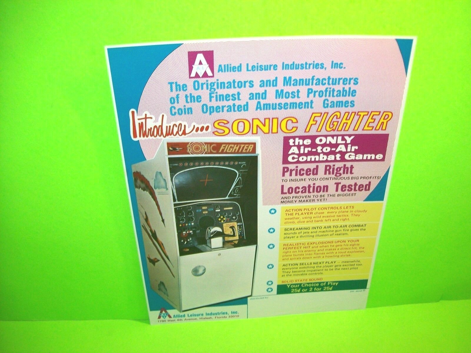 Allied 1971 SONIC FIGHTER Original Arcade Game Flyer Air Combat Pilot ...