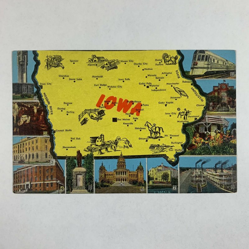 Postcard Iowa IA Greeting Map Burlington Zephyr Steam Boats 1940s ...