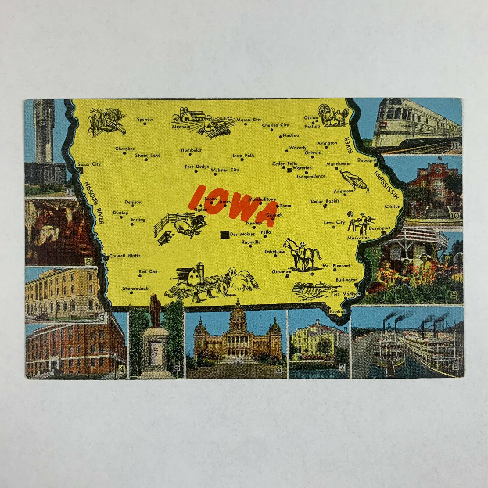 Postcard Iowa IA Greeting Map Burlington Zephyr Steam Boats 1940s ...