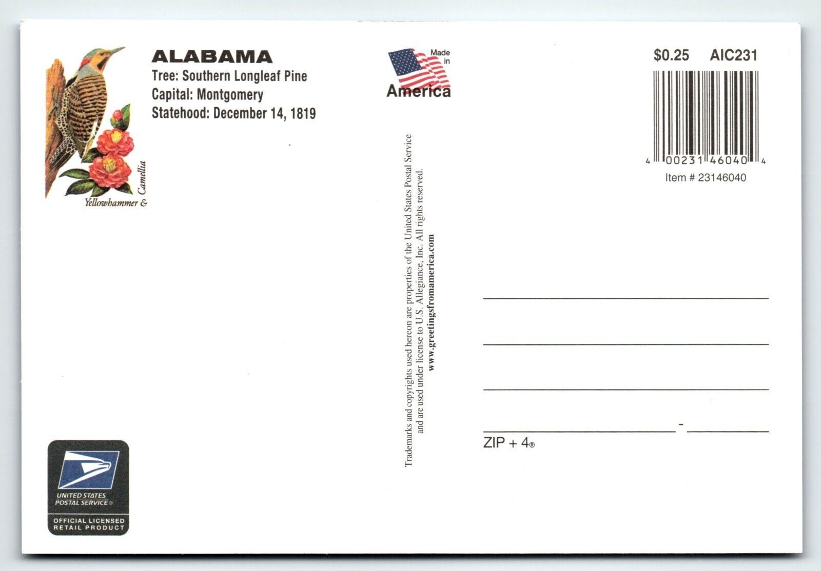 Greetings From Alabama Large Letter Chrome Postcard Unused USPS 2001 ...