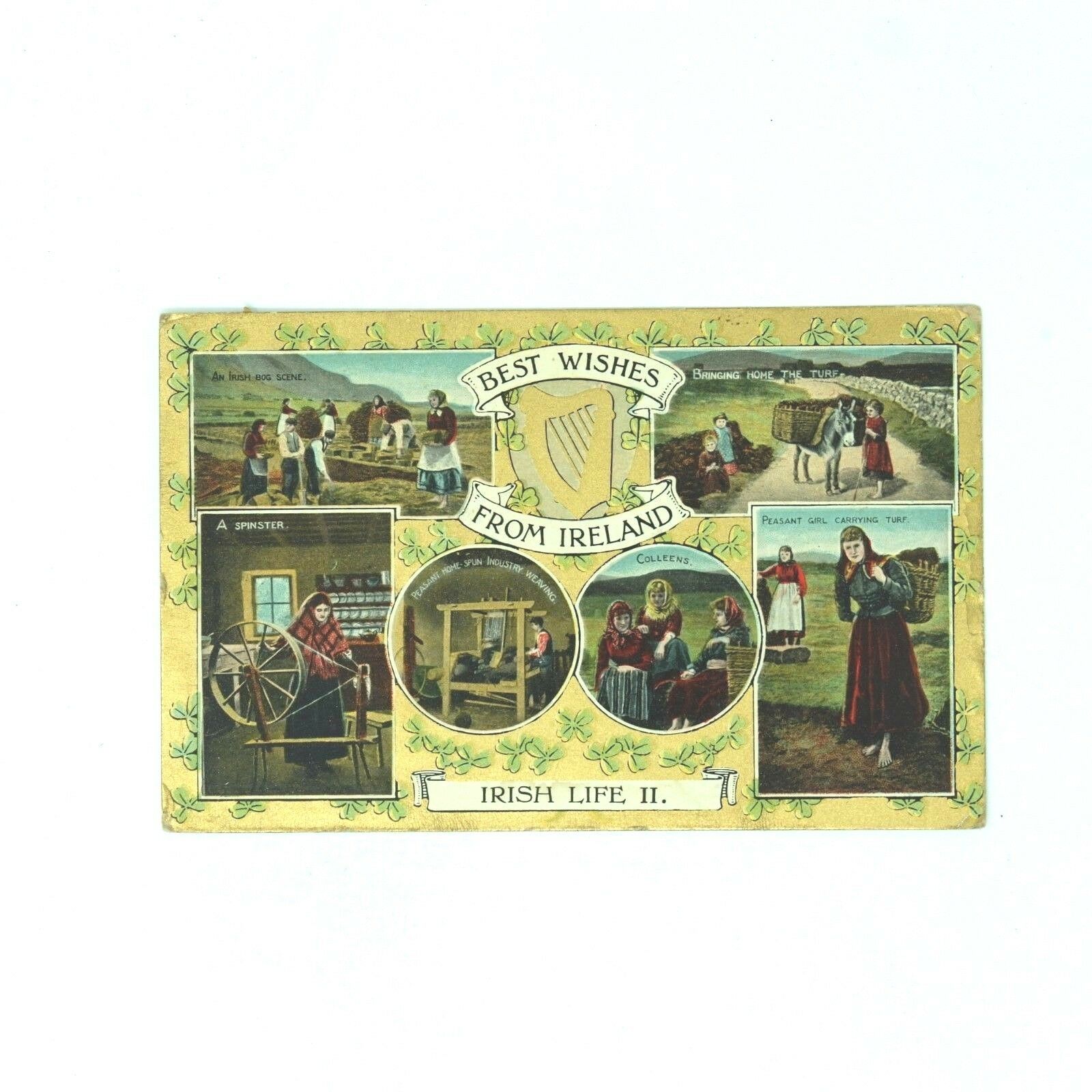 Multiview and gold ink vintage postcard "Irish Life II" Ireland c1900 ...