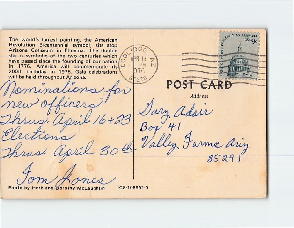 Postcard The American Revolution Bicentennial symbol, Arizona Coliseum ...