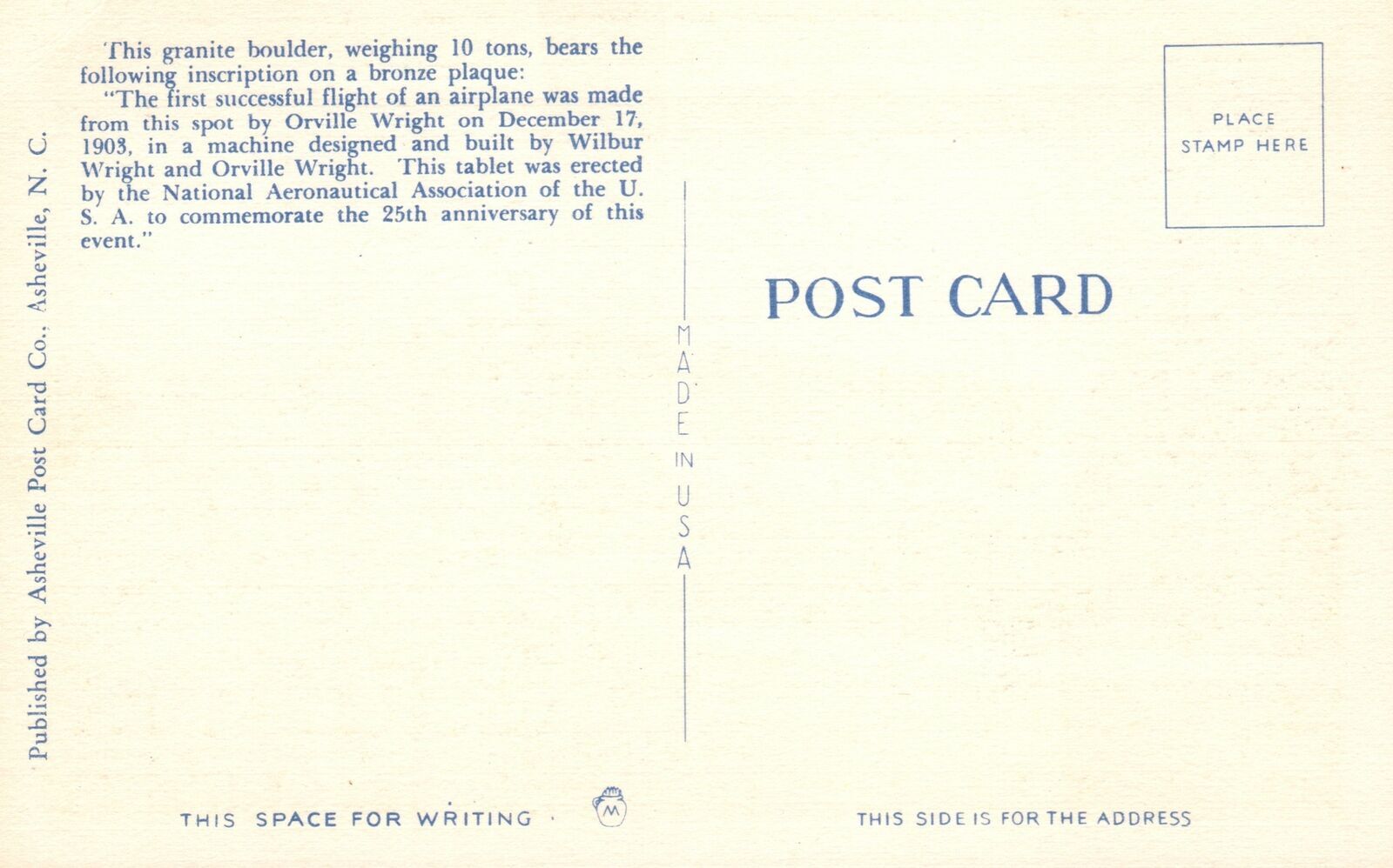 Vintage Postcard Marker & Monument Base Top Of Kill Devil Hills North ...