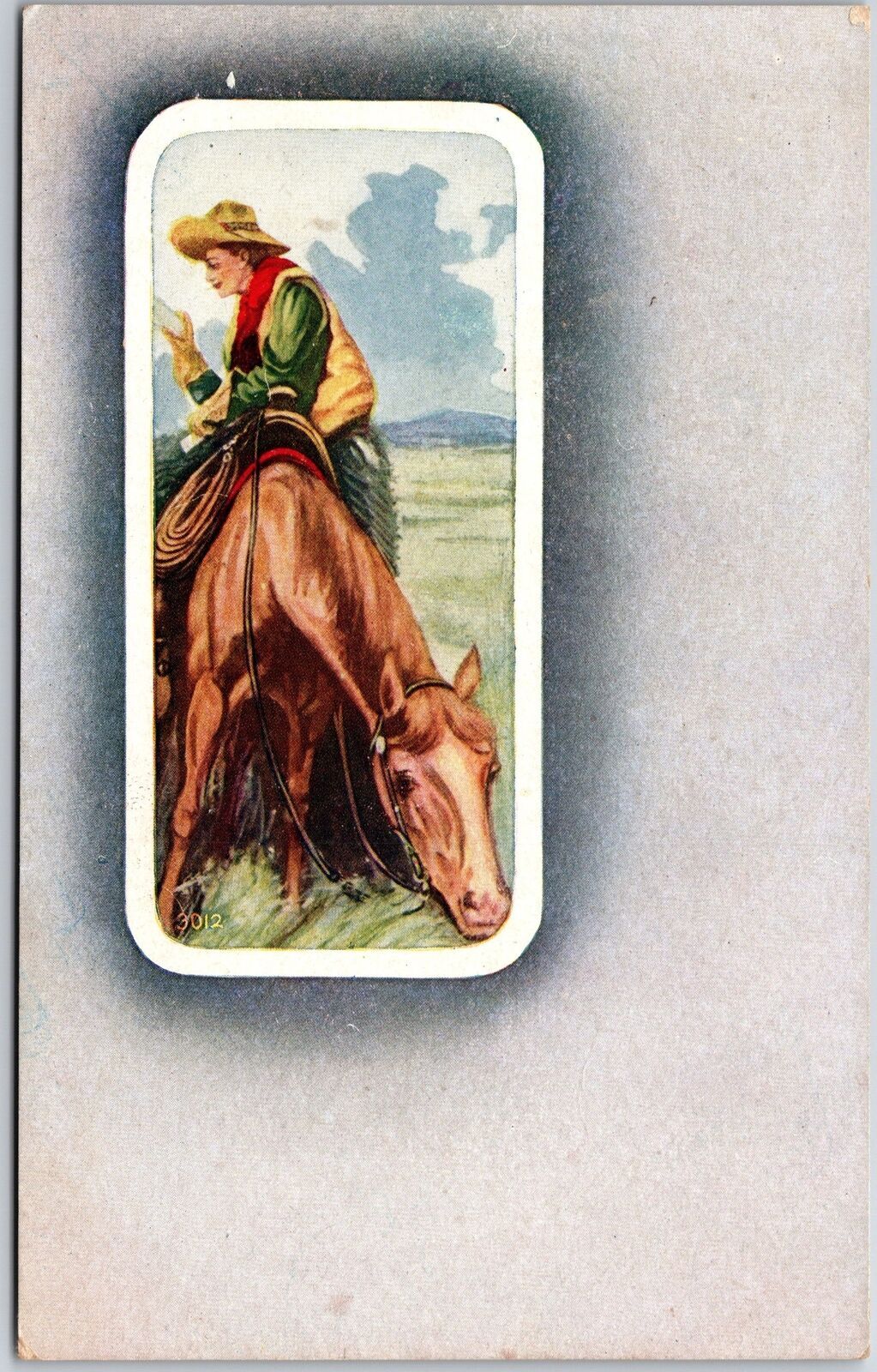 Cowboy Letting His Horse Feed on the Grass, Western Scene, Vintage ...