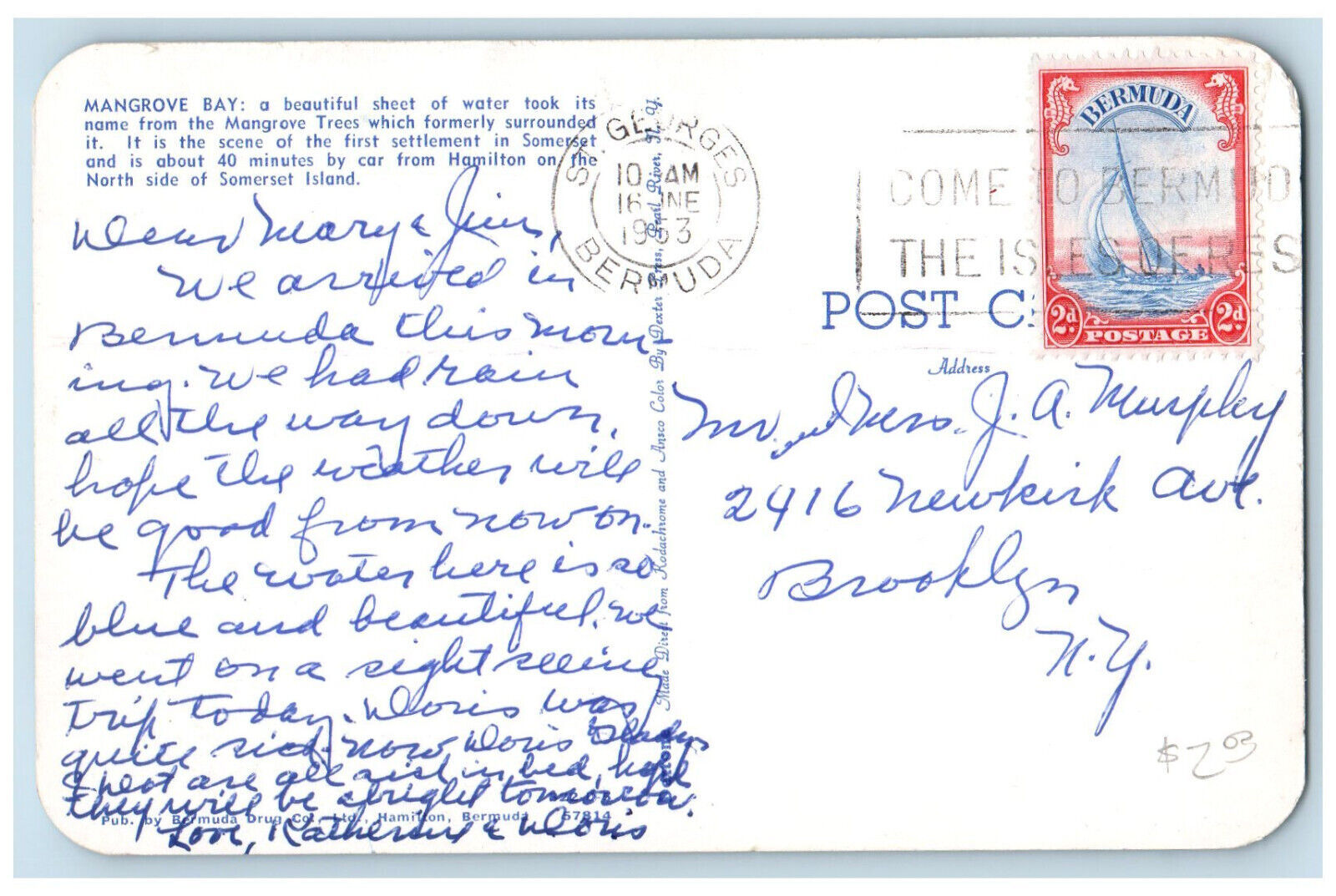 St. Georges Bermuda Postcard Mangrove Bay Beautiful Sheet of Water 1953 ...