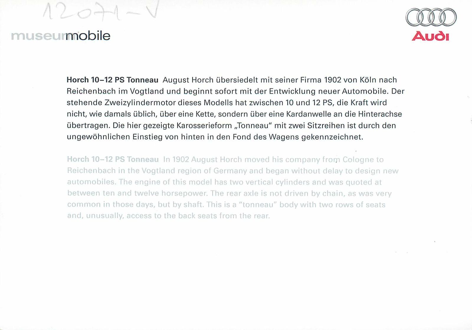 Audi Logo Mobile Museum Postcard Horch 10-12 PS Tonneau Vintage Car ...