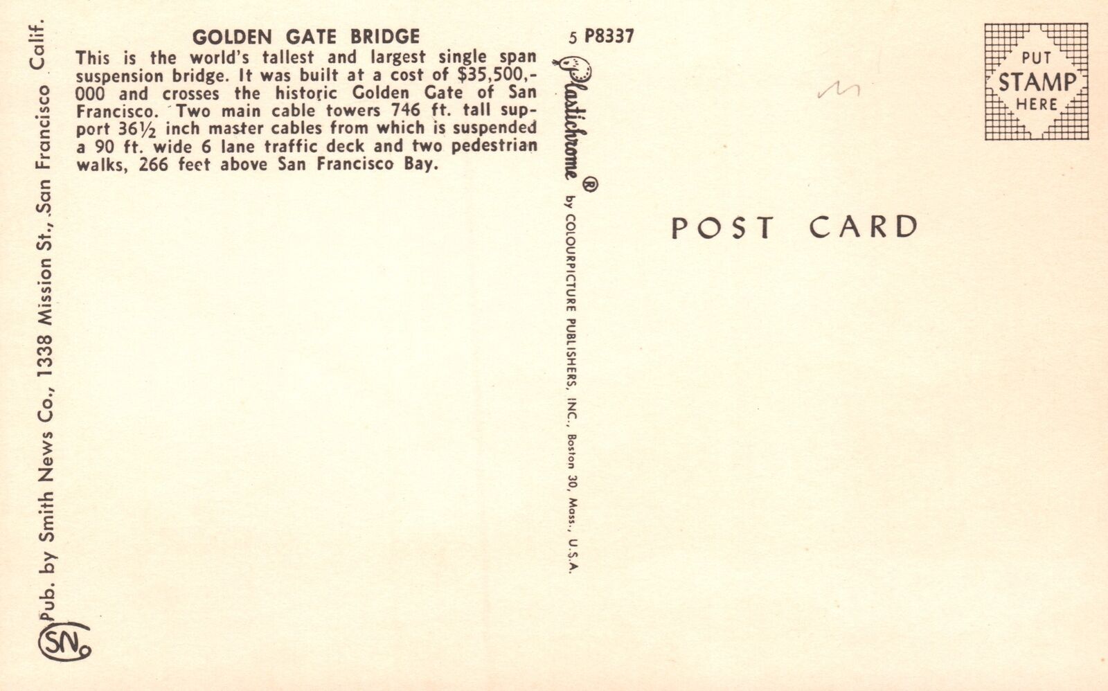 Vintage Postcard Golden Gate Bridge Tallest Largest Single Span San ...