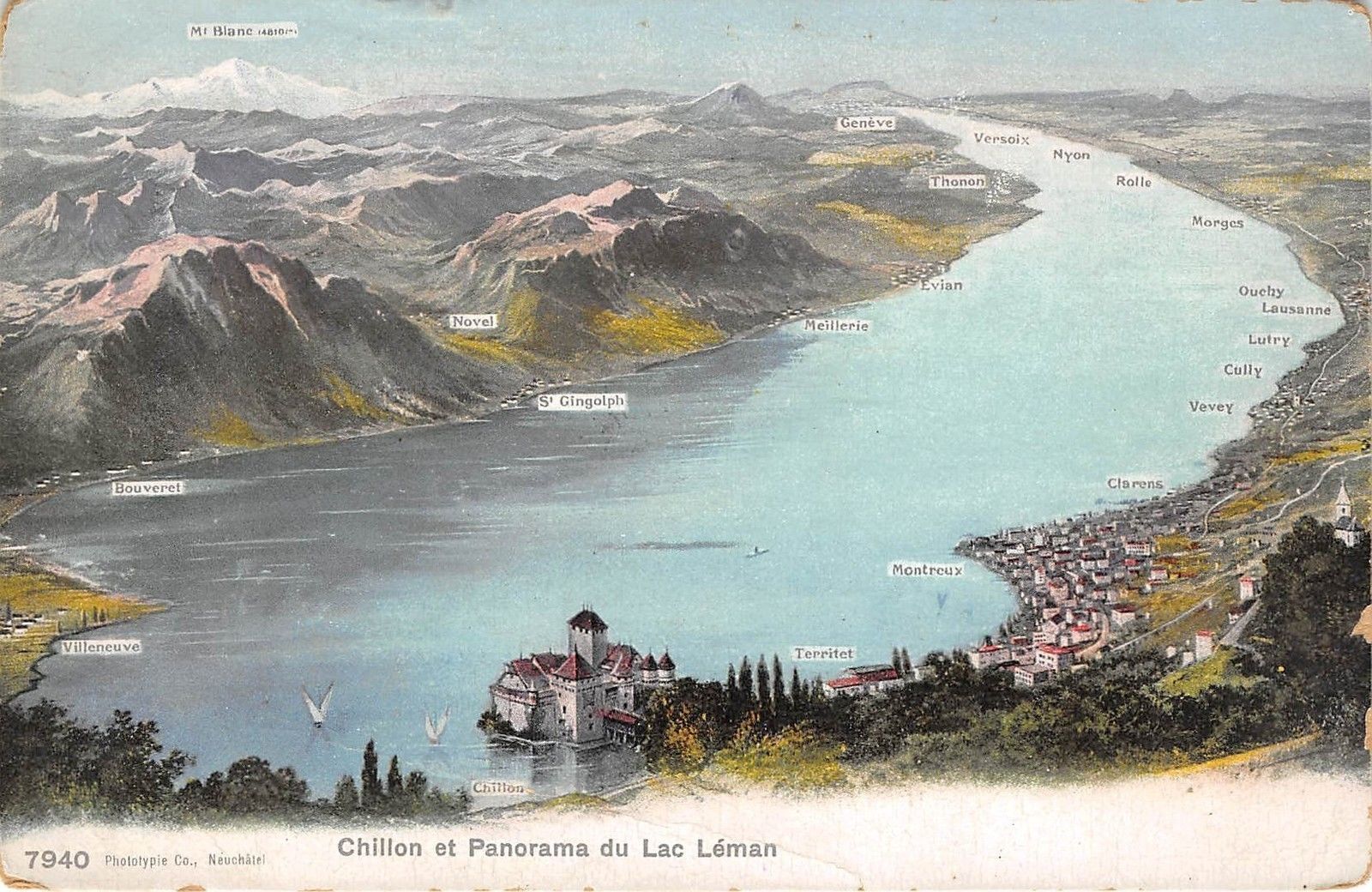 BF34200 chilion et panorama du lac leman switzerland front/back scan ...