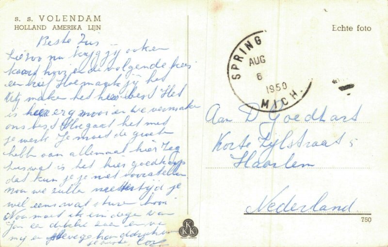 S.S. Volendam Holland America Line RPPC 05.51 | Europe - Netherlands ...