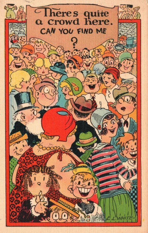 Vintage Postcard 1945 There's Quite A Crowd Here Can You Find Me? Comic ...