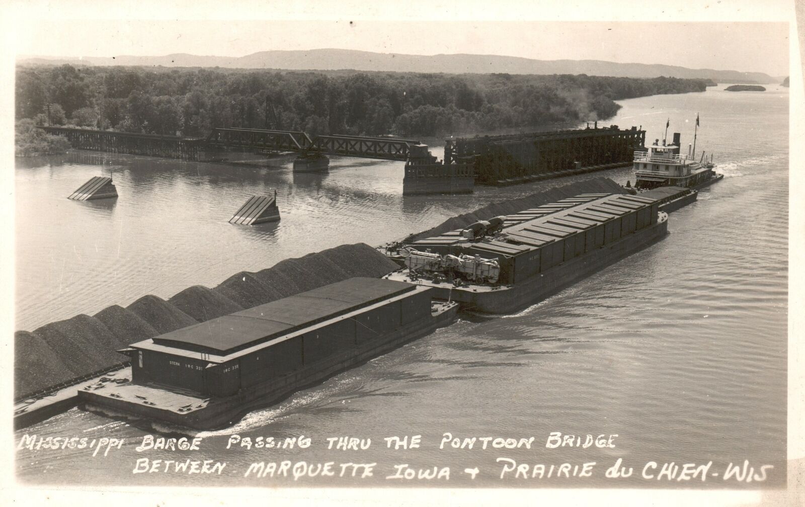 Vintage Postcard 1920s Mississippi Barge Passing Thru The Pontoon ...