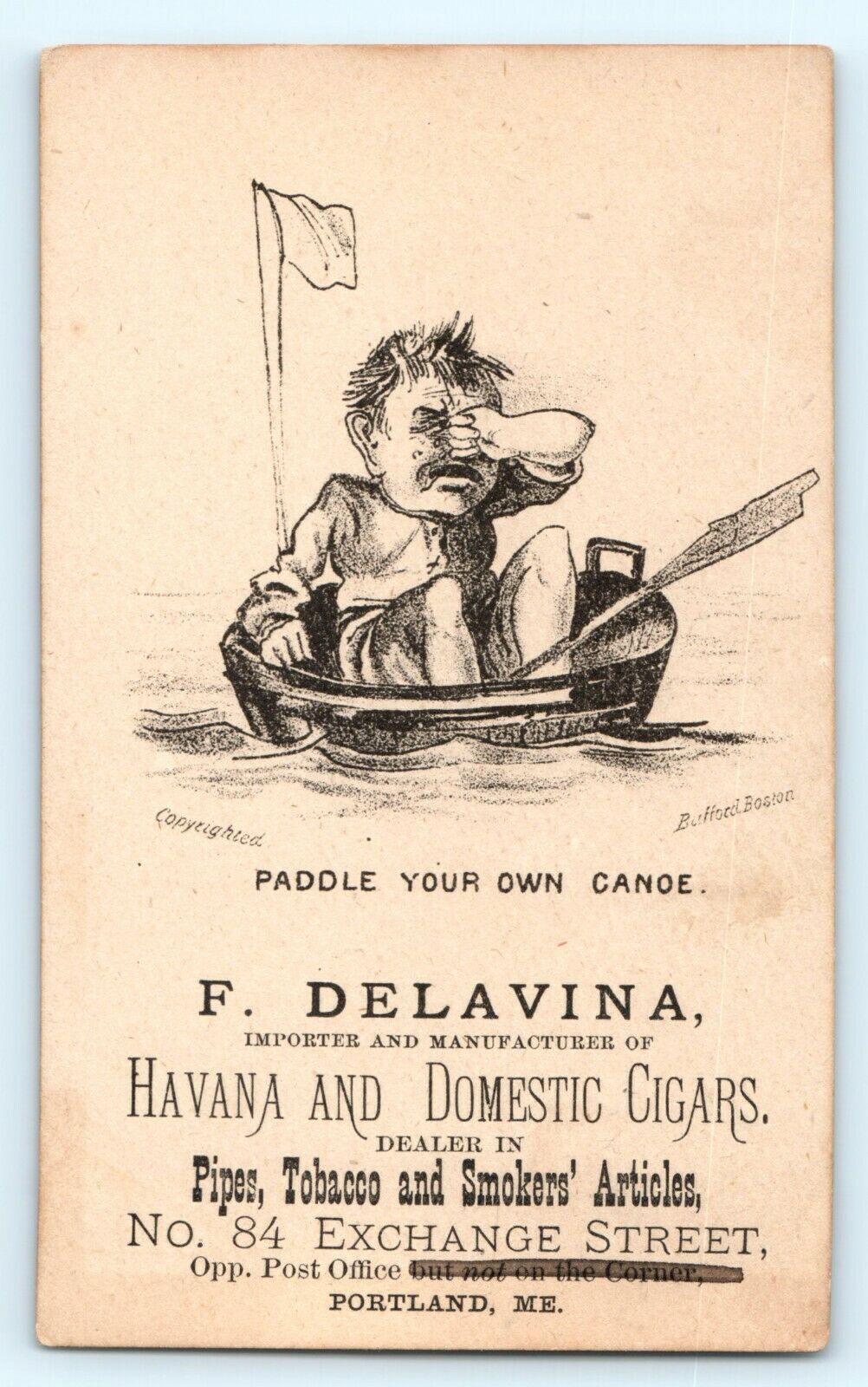 c1880s PORTLAND, Maine Delavina Havana Cigar Shop Trade Card Scared Boy ...