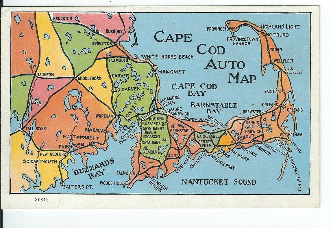 CG-023 MA, Cape Cod Auto Map White Border Era Postcard New Bedford News ...