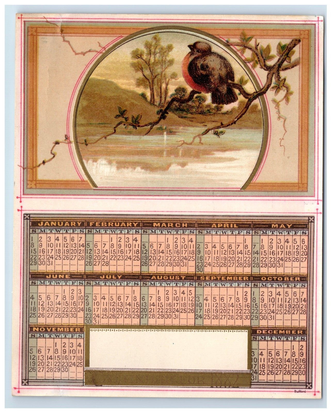 1882 Folding Calendar Lake Baby Bird Robin? #3 #7E | Ephemera - Chromo ...