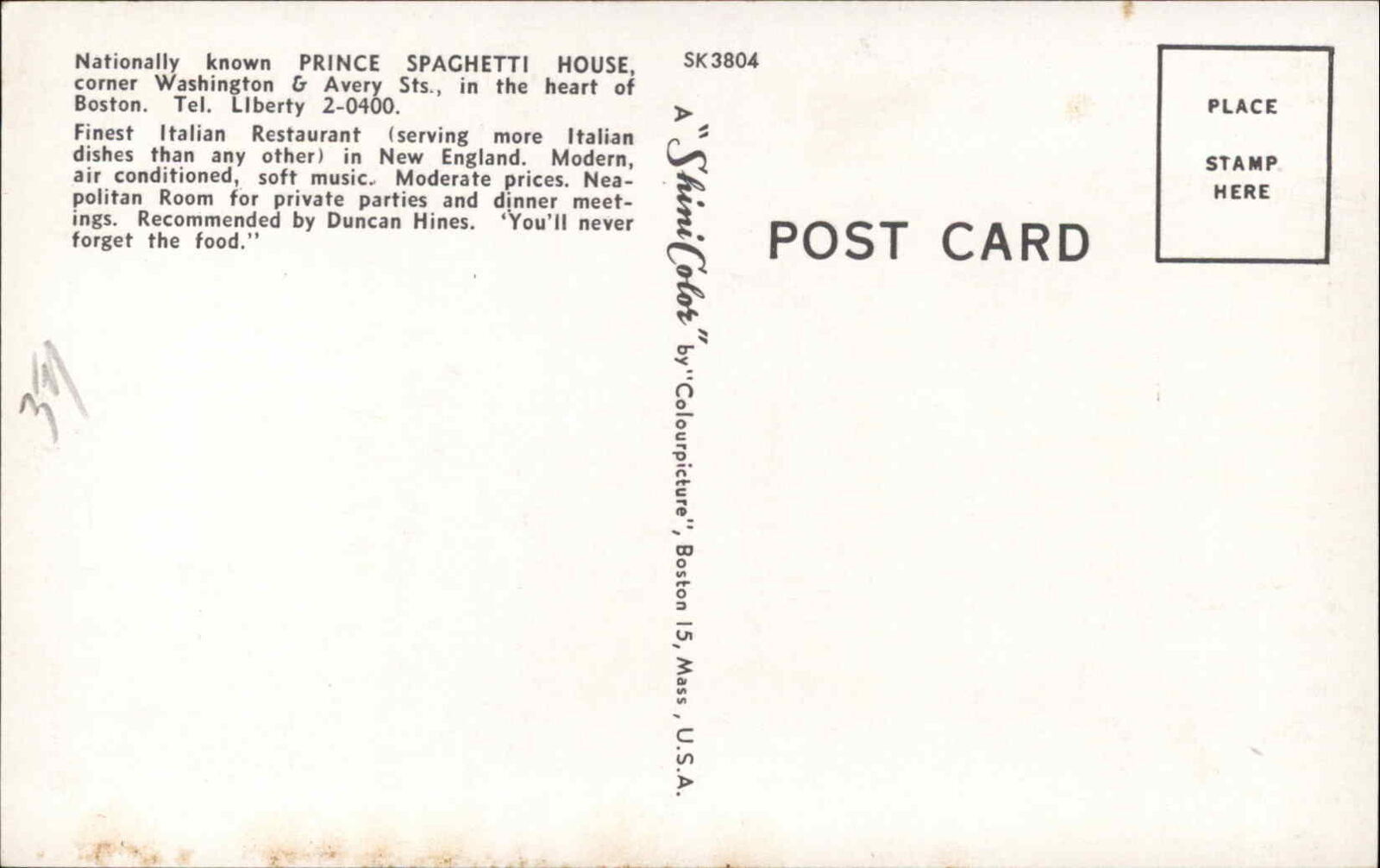 Boston Massachusetts MA Prince Spaghetti House Restaurant c1950s-60s ...