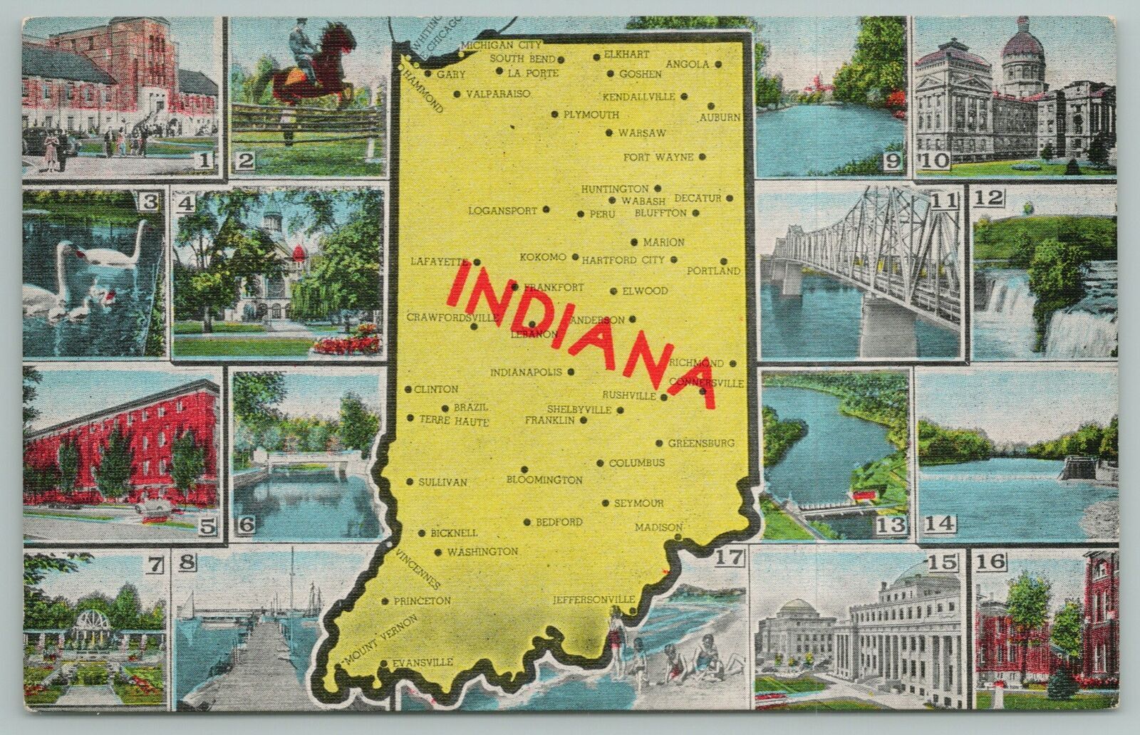 Indiana~State Map & 17 Views Key On Back~Vintage Postcard | United ...