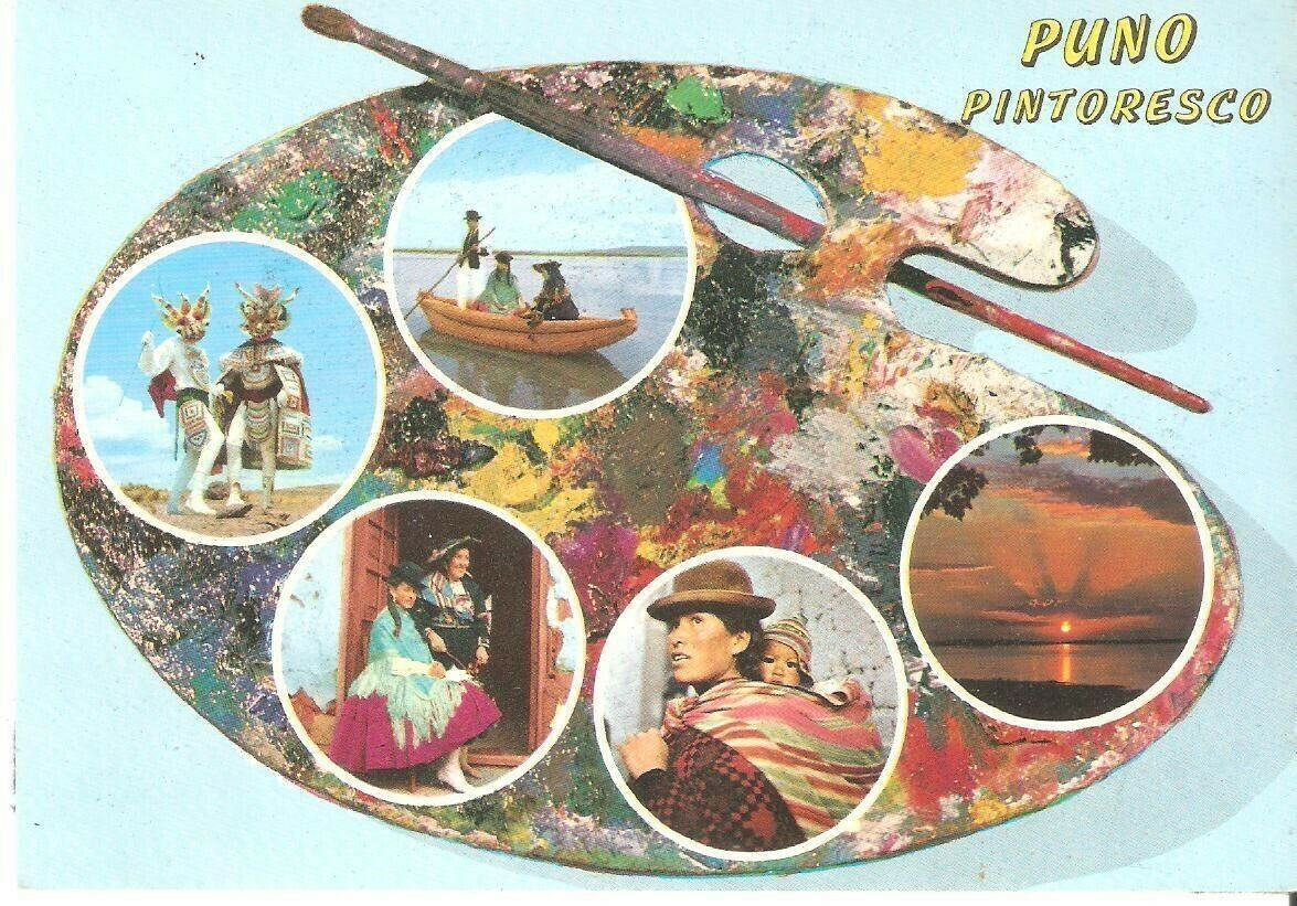 MIN1683 peru puno boat traditional costume sunset painting instrument ...