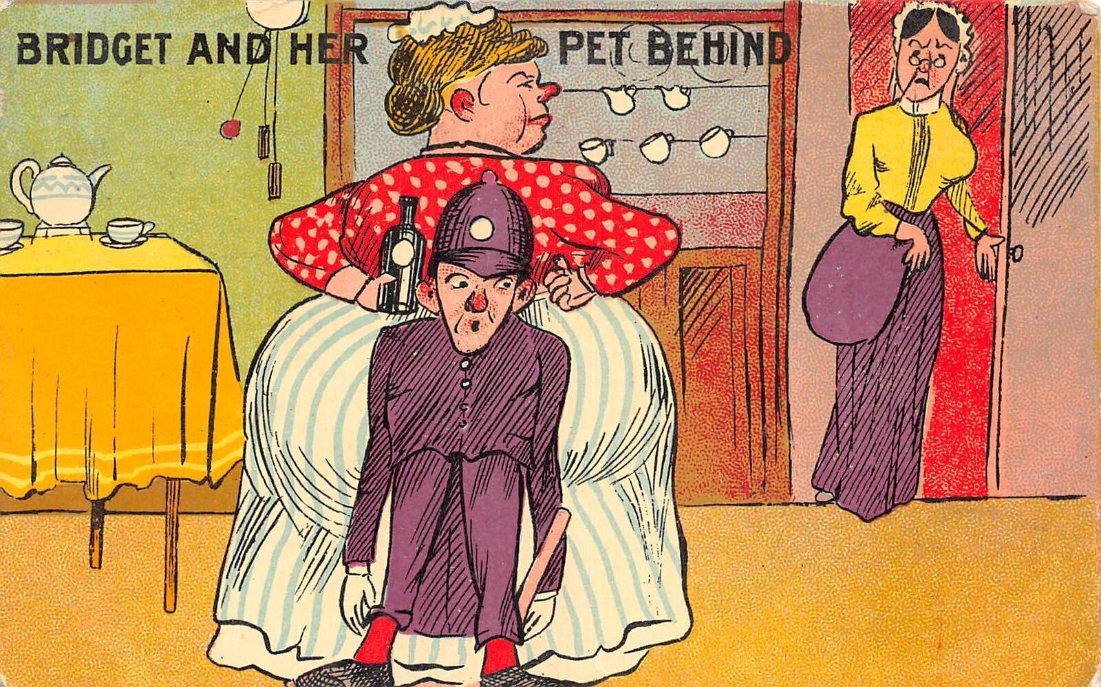 Lot330 man hiding after a fat lady humour comic postcard uk infal ...