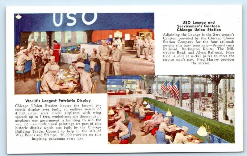 CHICAGO UNION RAILROAD STATION, IL~ Patriotic Display USO LOUNGE c1940s ...