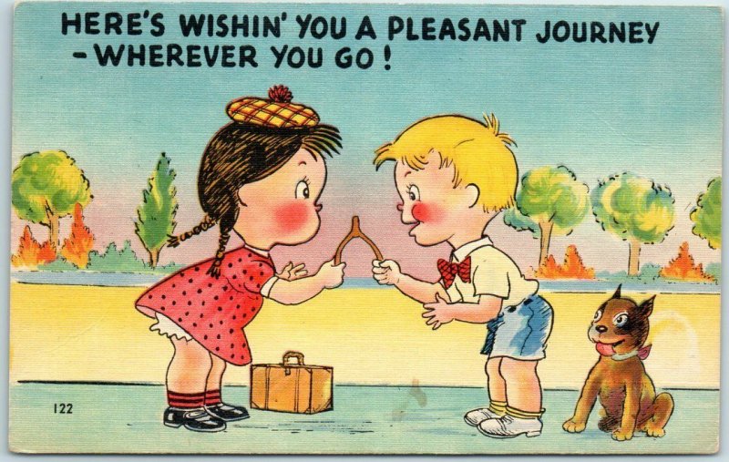1940s Comic Postcard Boy Girl Dog Wishbone "Wishin' You a Pleasant ...