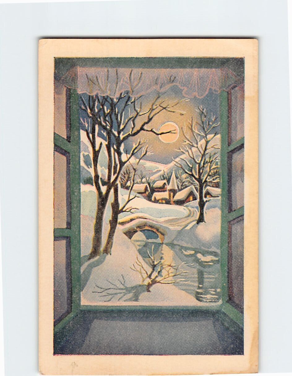 Postcard Snow River Bridge Houses Moon Trees Window Landscape Scenery ...