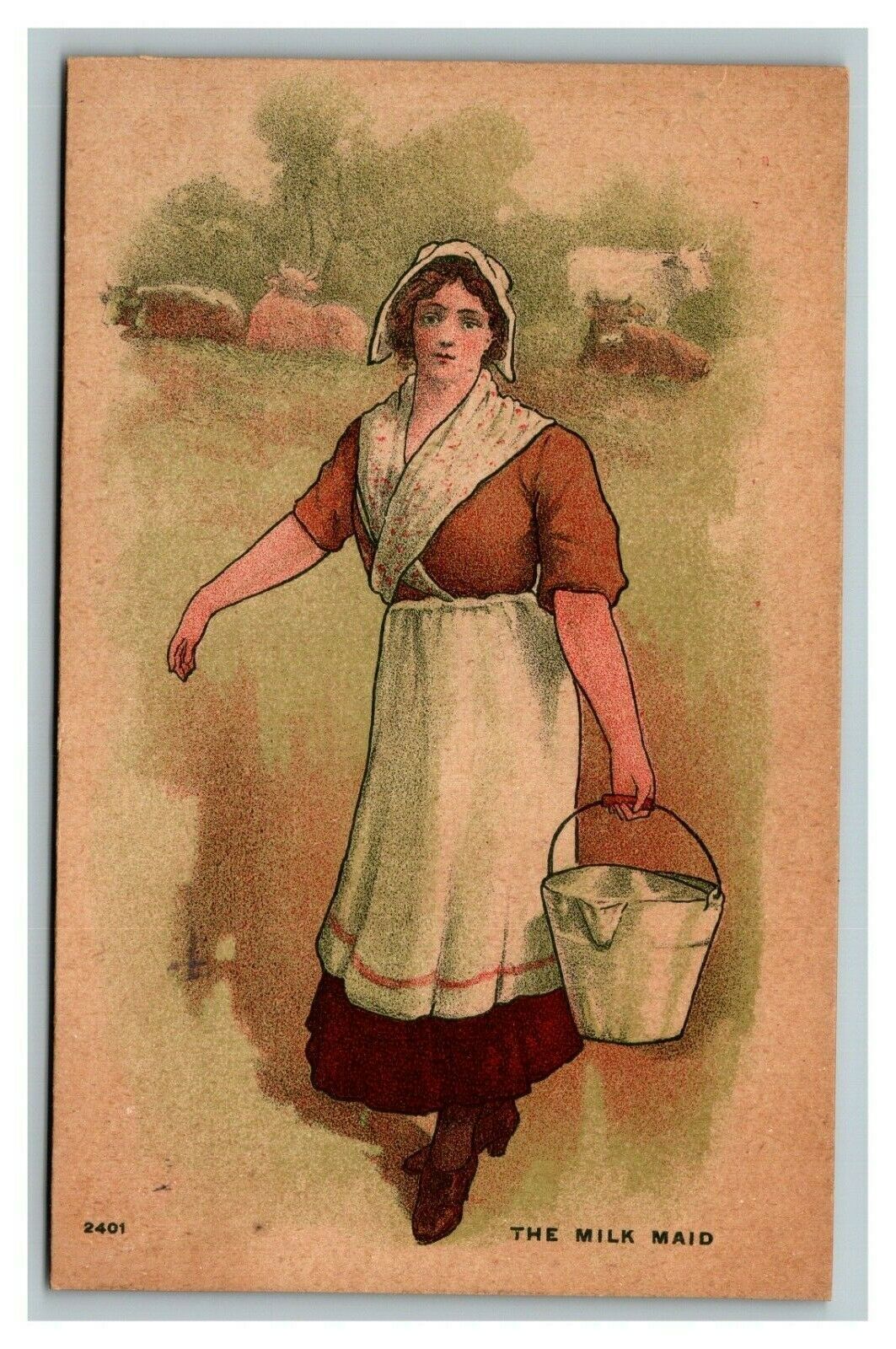 Vintage 1910's Postcard - The Milkmaid - Country Woman Carries a Bucket ...