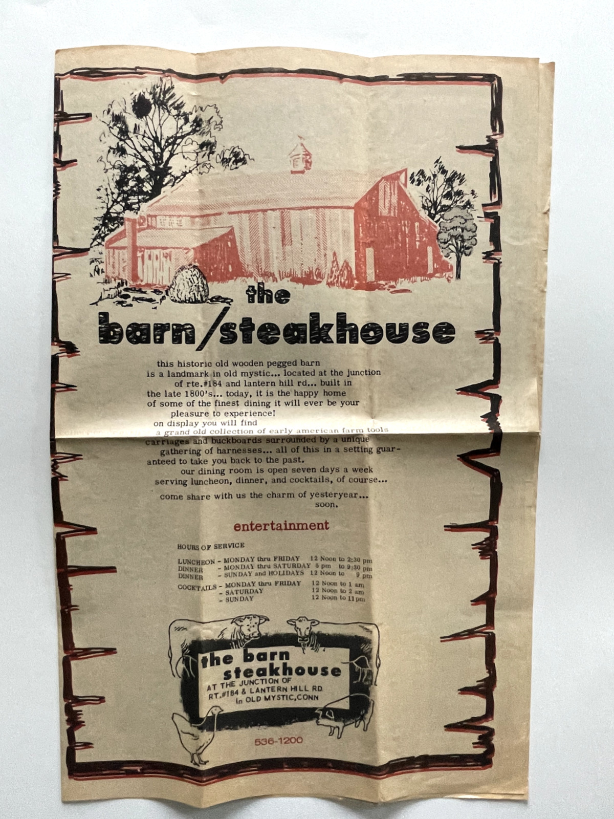 Vintage 70s The Barn Steakhouse Old Mystic CT Paper Dinner Menu ...