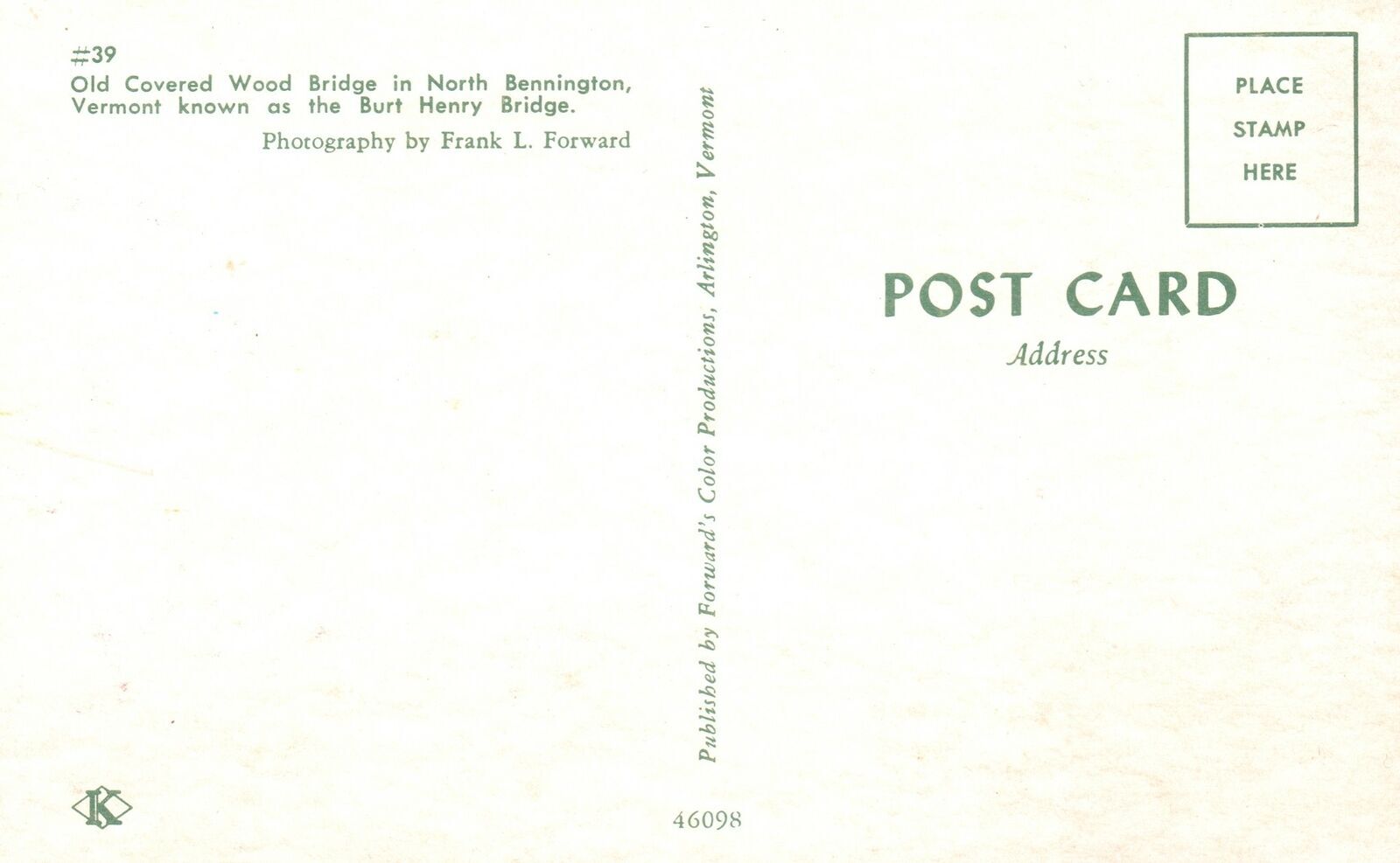 Vintage Postcard Old Covered Bridge Burt Henry Bridge North Bennington ...