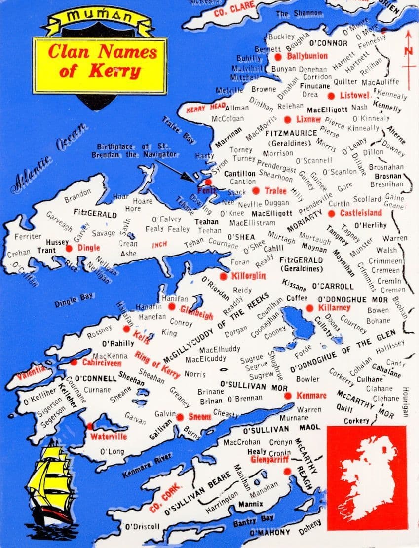 Clan Names Of Kerry Irish Ireland Surnames Rare 1980s Map Postcard ...