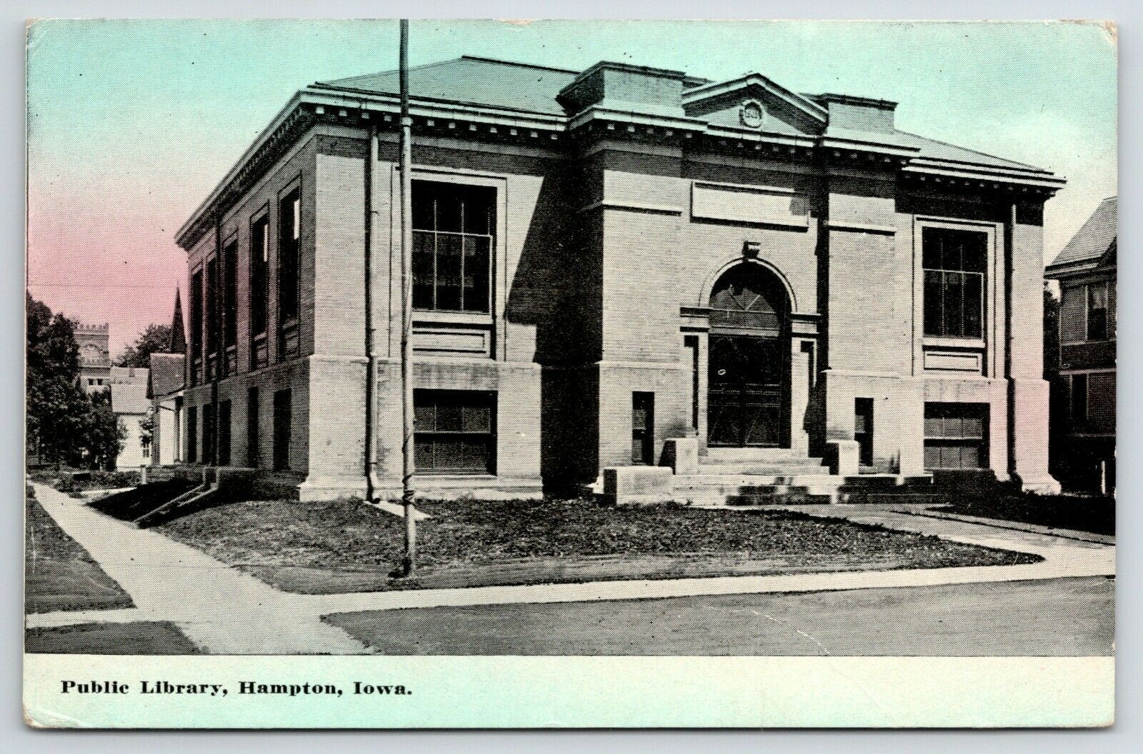 Hampton Iowa~Carnegie Public Library~Flag Pole, Arch Doorway, Cornices ...
