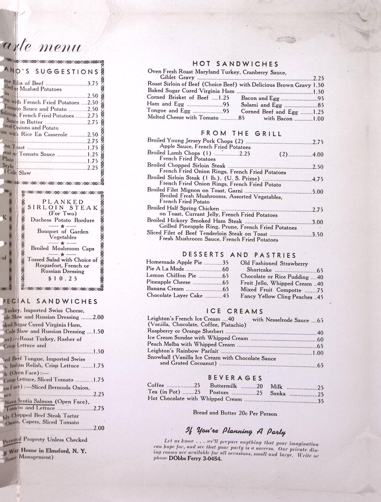 1940s Leighton's Ardsley NY Elmsford Restaurant Menu SAW Mill River ...