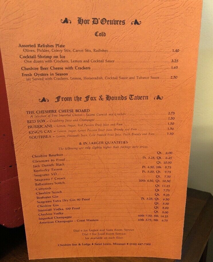Vintage 60s CHESHIRE INN & LODGE Room Service Menu St. Louis Missouri ...